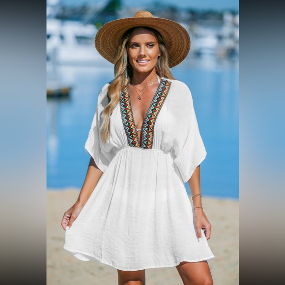Cupshe | Swim | Cupshewhite Embroidered Plunging Coverup Dress | Poshmark